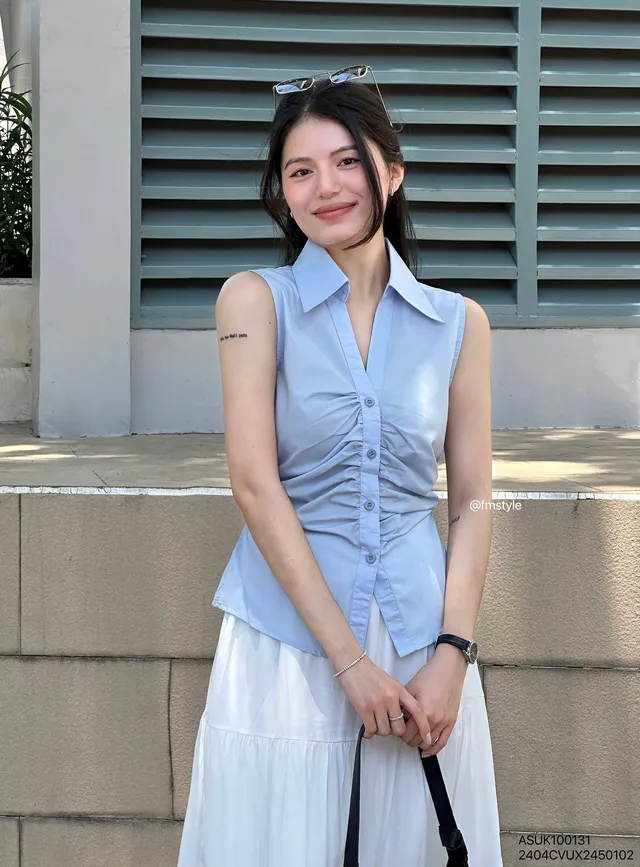 Áo Sơ Mi Nữ Kiểu cổ bẻ V SN nhún dây thắt 004.3338 | FM Style